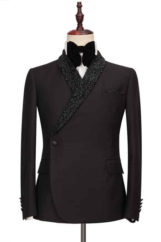 Colby Sparkly Shawl Lapel Black One Button Wedding Suits | Allaboutsuit