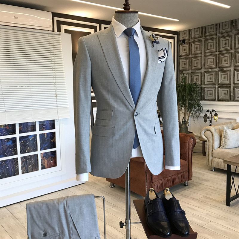 Clement Gray Peaked Lapel One Button 3 Flaps Formal Business Men Suits ...