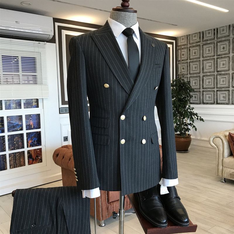 Nigel Formal Black Striped Peaked Lapel Double Breasted Business Suits ...