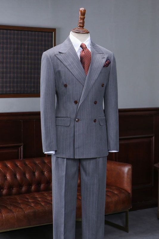 Armand Trendy Gray Striped Peaked Lapel Double Breasted Custom Suit For ...