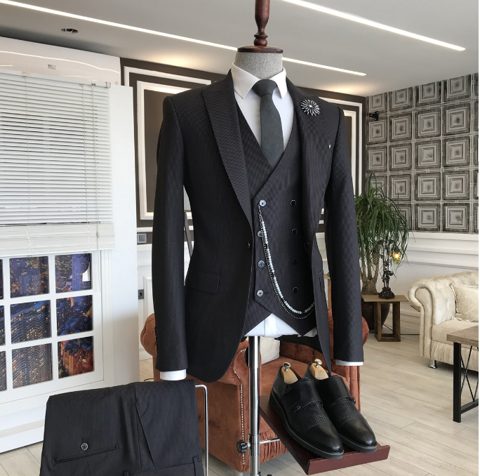 Gavin All Black 3-Pieces Peaked Lapel One Button Tailored Slim Fit ...
