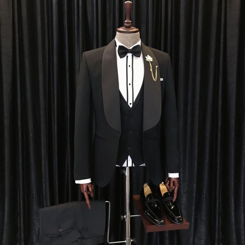 Alfred Chic Black Three Pieces Shawl Lapel Wedding Men suits | Allaboutsuit