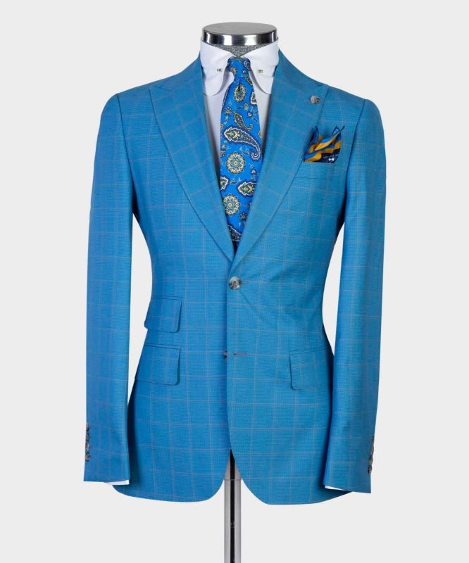 Harold Blue Plaid Three Pieces Peaked Lapel Men Suits For Business ...