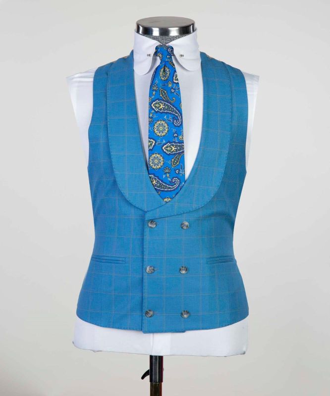 Harold Blue Plaid Three Pieces Peaked Lapel Men Suits For Business ...