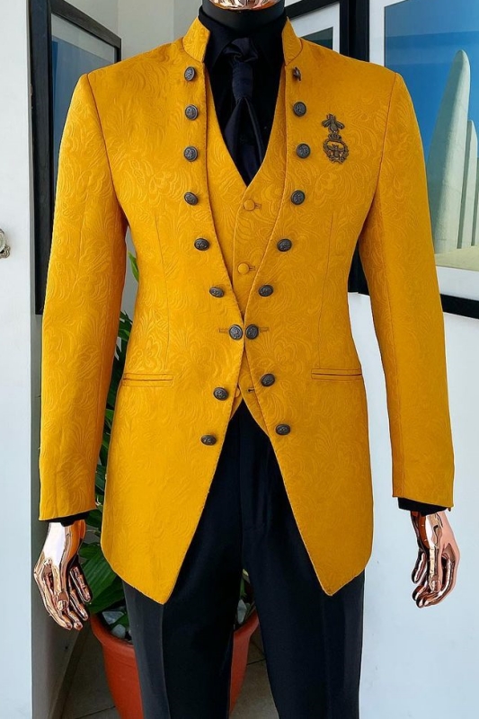 Wolfe Chic Gold Jacquard Three Pieces Prom Suits For Men | Allaboutsuit