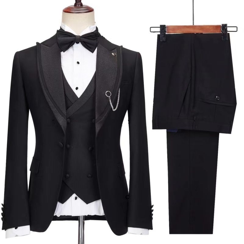 Jerome Chic Black Peaked Lapel Three Pieces Prom Suits Allaboutsuit