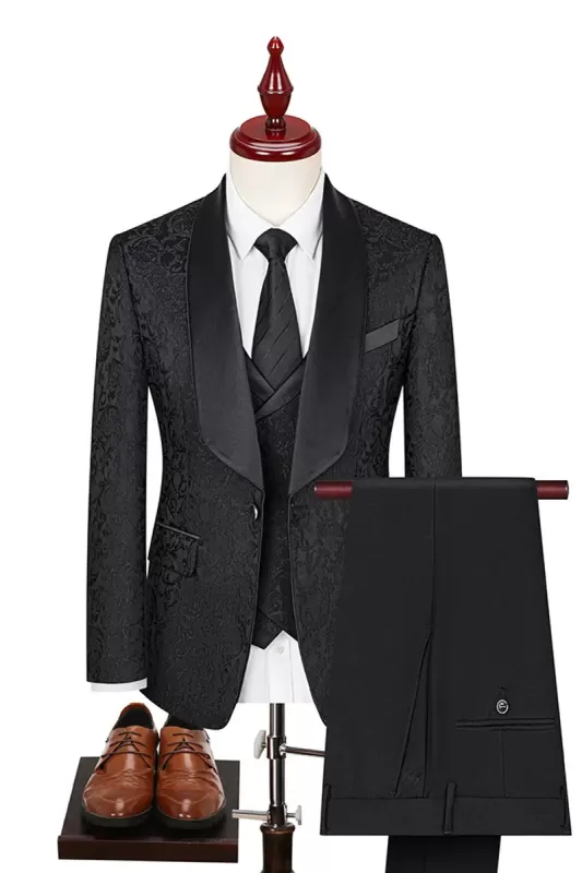Lou Classical Black Shawl Lapel Three Pieces Jacquard Prom Suits ...