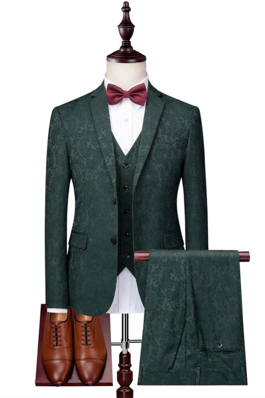 Evan Three Pieces Notched Lapel Dark Green Jacquard Prom Suits ...