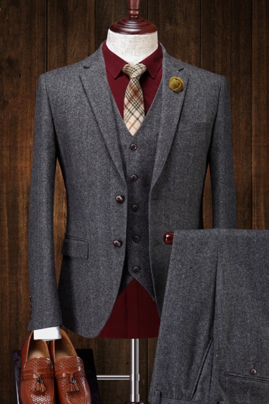 Milo Formal Gray Notched Lapel Three Pieces Business Suits For Men ...