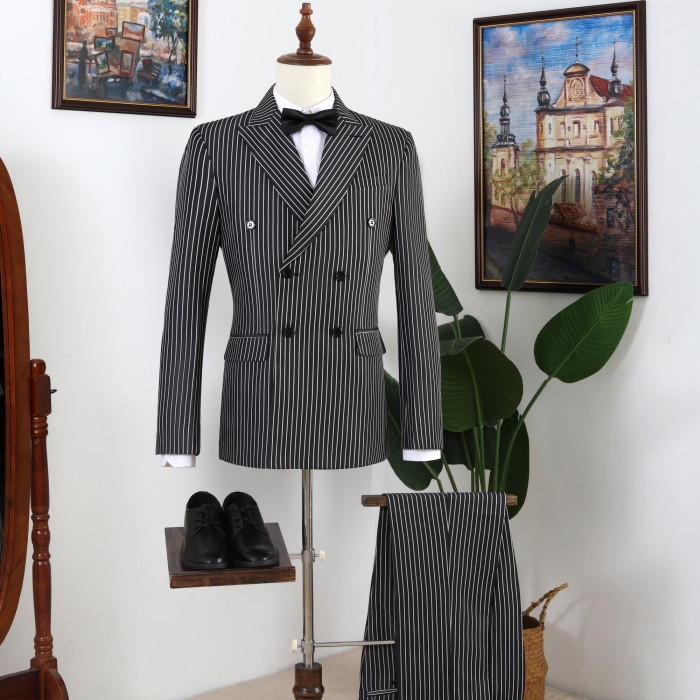 Neil Formal Black Peaked Lapel Striped Double Breasted Prom Men Suits ...