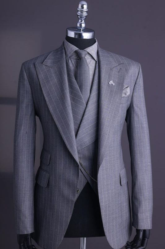 Ramsey Gray Peaked Lapel Three Pieces Striped Business Suits | Allaboutsuit