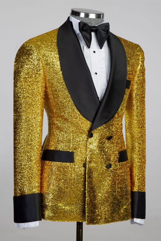 Keegan Gold Jacquard Slim Fit Prom Men Suits with Black Shawl Lapel ...