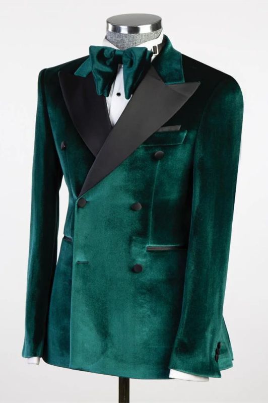 Quentin Dark Green Peaked Double Breasted Velvet Prom Suits | Allaboutsuit