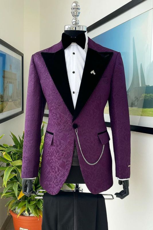 Simon Dark Purple Peaked Lapel Jacquard Prom Suits | Allaboutsuit
