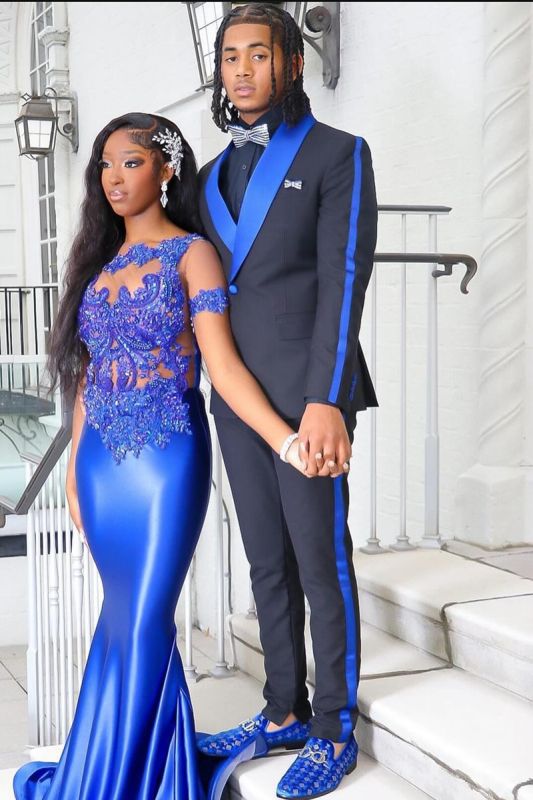 Tiffany Black Prom Suits With Blue Shawl Lapel | Allaboutsuit