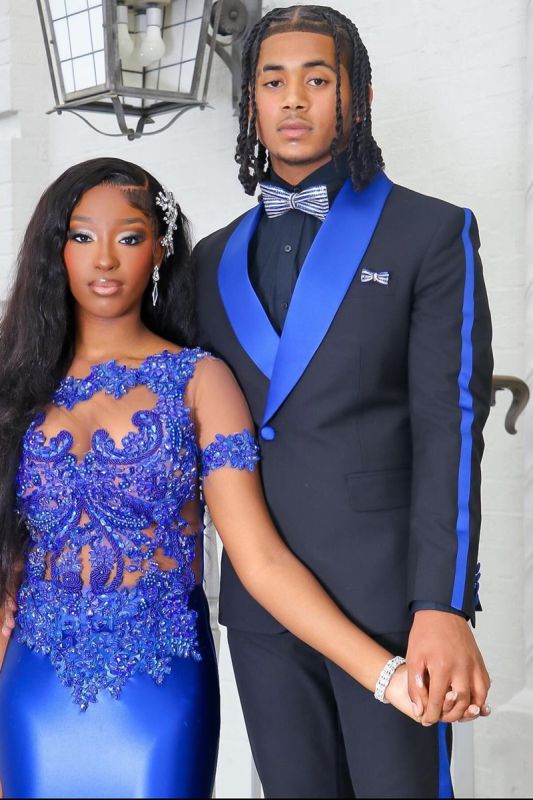 Tiffany Black Prom Suits With Blue Shawl Lapel | Allaboutsuit