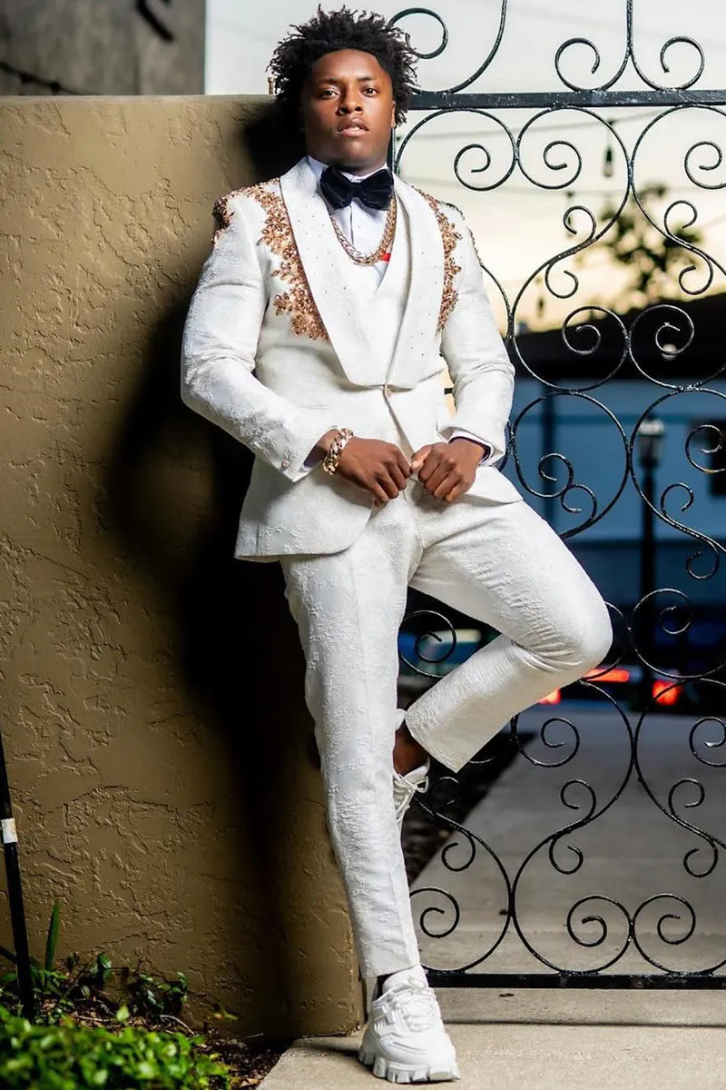 Thomas White Shawl Lapel Three Pieces Jacquard Prom Suits With Gold ...