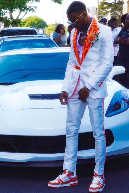 Virgil White Prom Suits With Orange Jacquard Peaked Lapel | Allaboutsuit