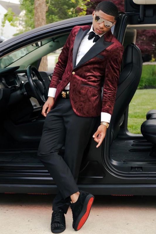 Victor Burgundy Peaked Lapel Jacquard Prom Suits | Allaboutsuit