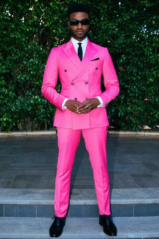 Warren Candy Pink Peaked Lapel Double Breasted Prom Suits | Allaboutsuit