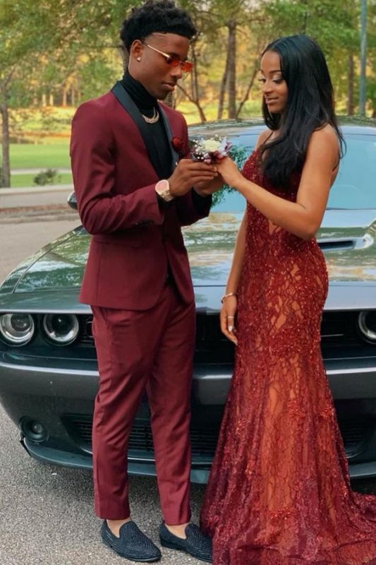 Wheeler Burgundy Two Buttons Prom Suits With Navy Shawl Lapel ...