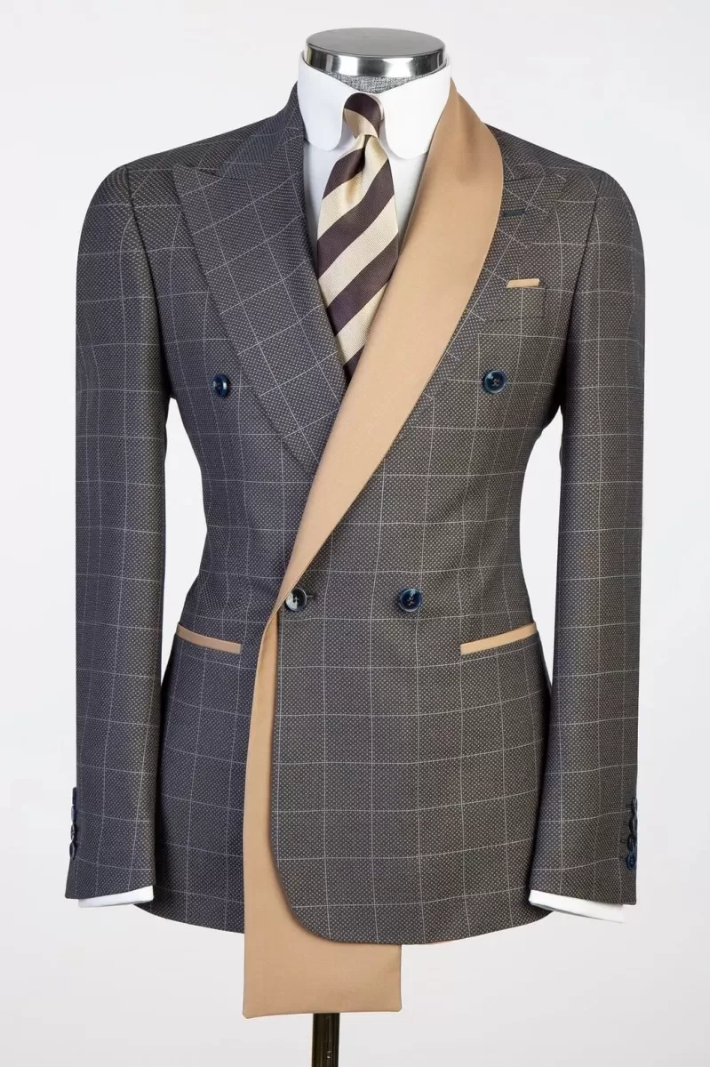 Poo Dark Gray Plaid Business Suit Double Breasted Satin Lapel | Allaboutsuit