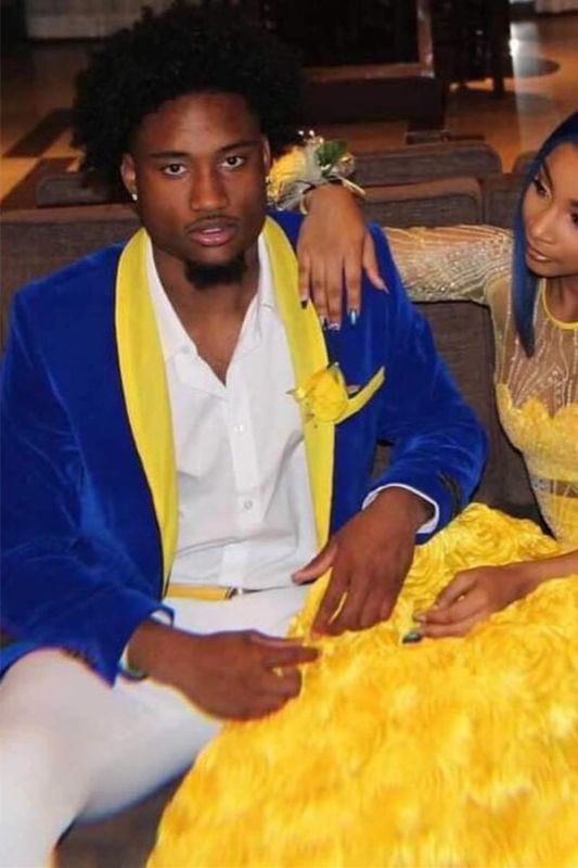 Yale Royal Blue Velvet Prom Suits With Yellow Shawl Lapel | Allaboutsuit
