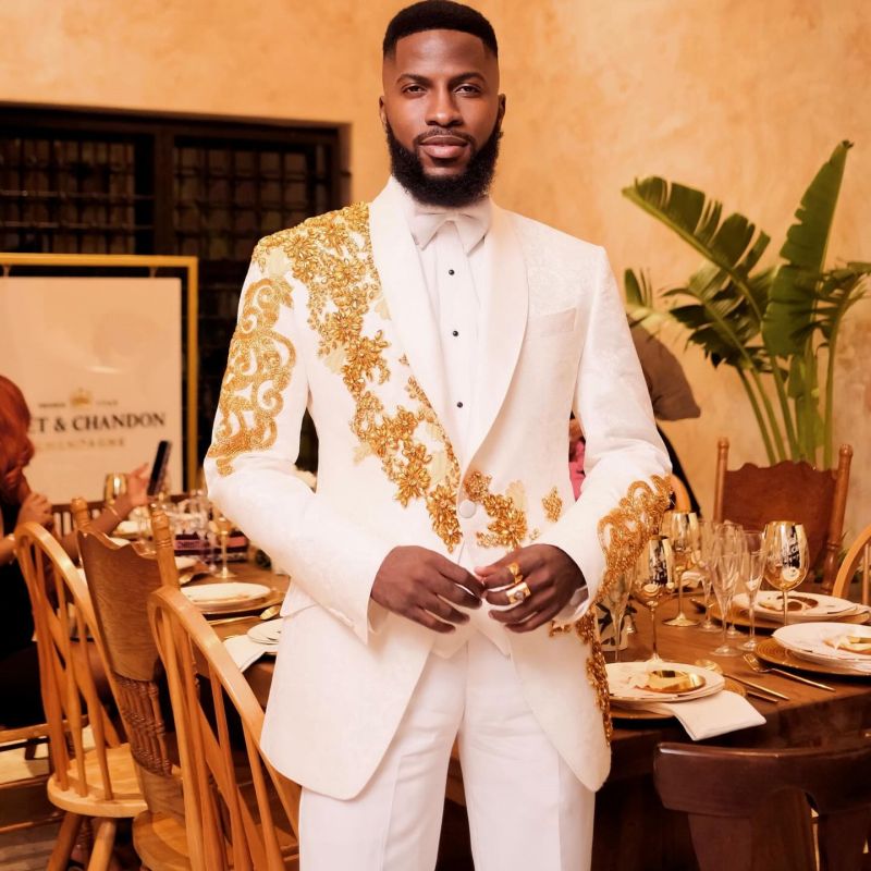 York White Shawl Lapel Three Pieces Prom Suits With Golden Beading ...