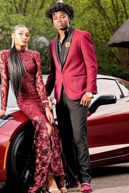 Witt Burgundy One Button Prom Suits With Black Shawl Lapel | Allaboutsuit