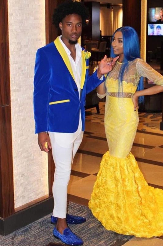 Yale Royal Blue Velvet Prom Suits With Yellow Shawl Lapel | Allaboutsuit