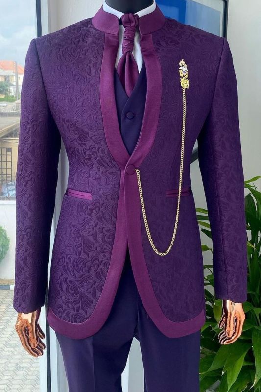 Evans Stand Collar Purple 3 Piece Jacquard Prom Outfits for Formal ...