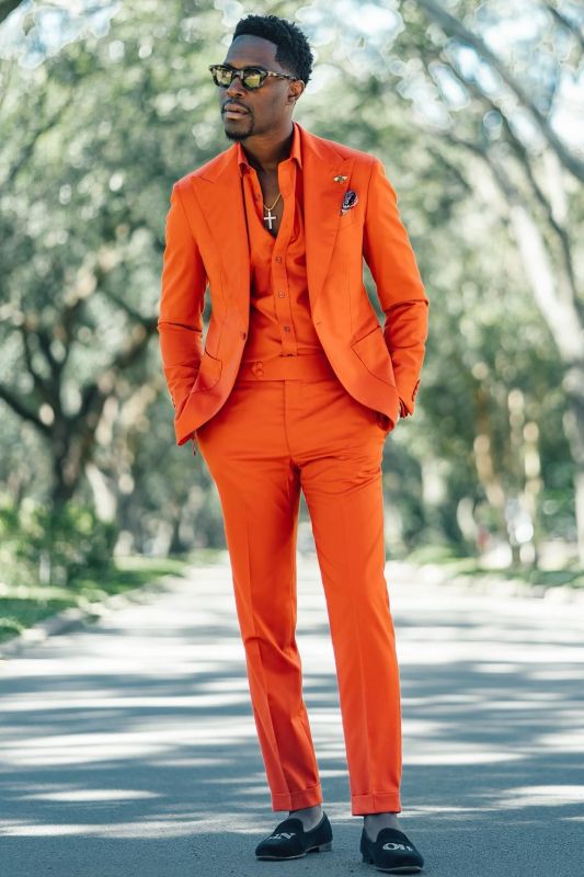 Ansel Orange Peaked Lapel No Flaps One Buttons Prom Suits | Allaboutsuit
