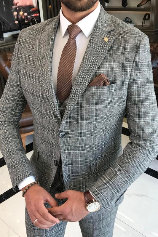 Amber Gray Plaid Notched Lapel Three Pieces Business Suits | Allaboutsuit
