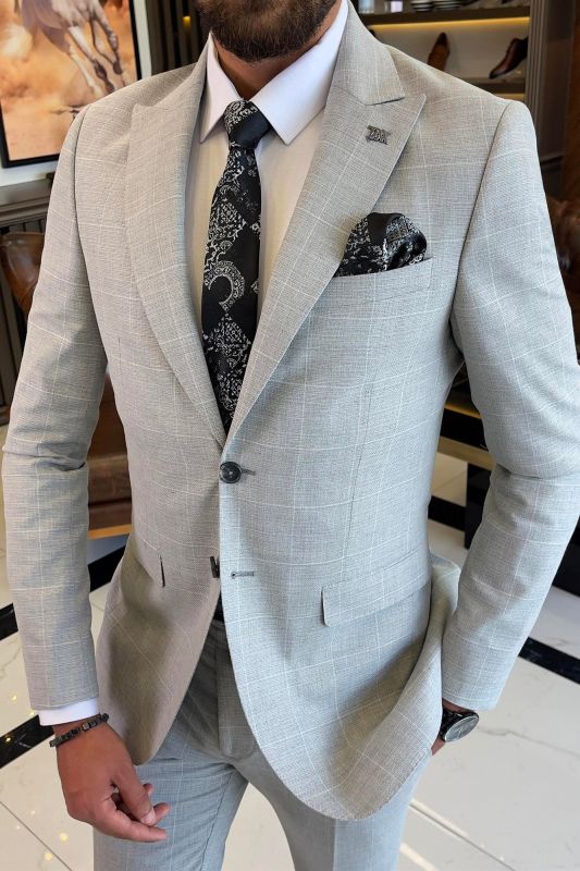 Allen Light Gray Peaked Lapel Plaid Business Suits For Men | Allaboutsuit