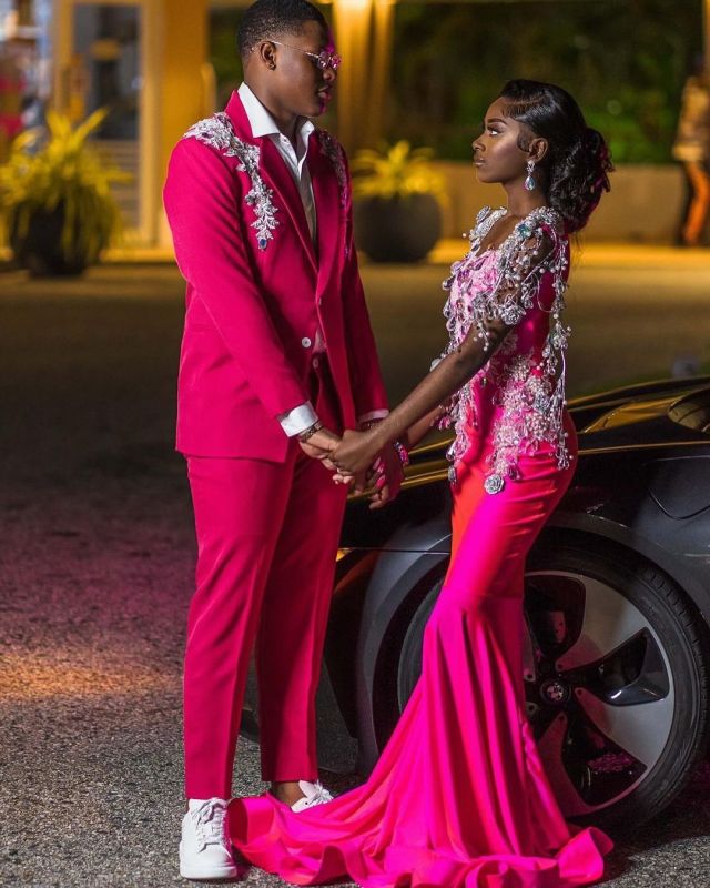 Atwood Magenta Notched Lapel Prom Suits With White Appliques | Allaboutsuit