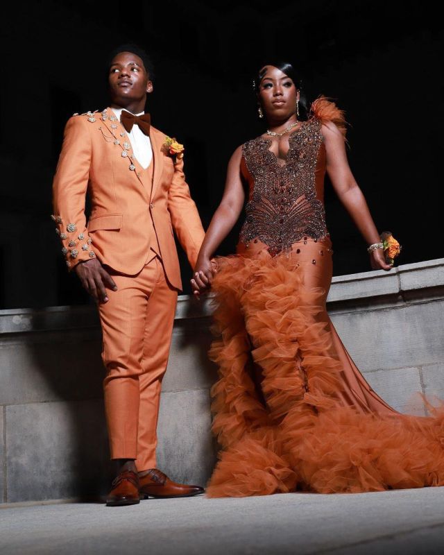Aubrey Dark Orange Peaked Lapel Three Pieces Prom Suits With Crystal ...
