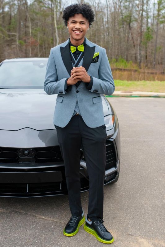 Chic 3 Piece Dusty Blue Men’s Prom Suit with Black Peak Lapel ...