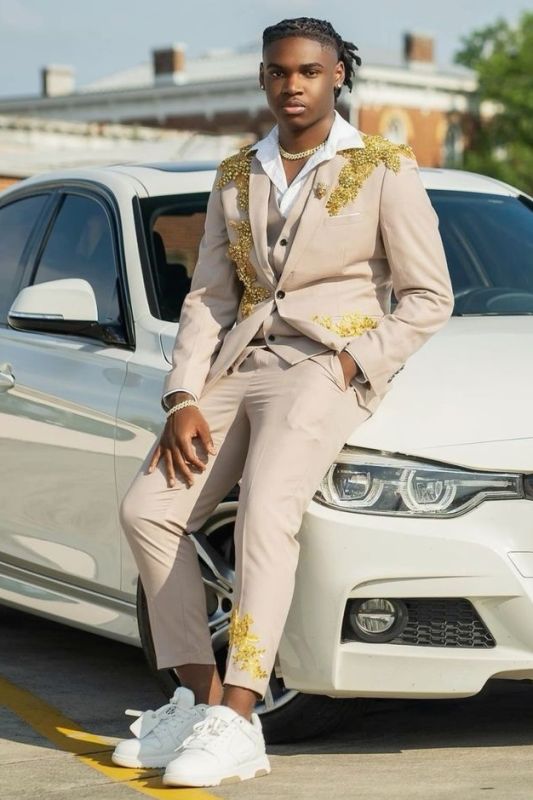 Gold Beaded Appliques 3 Piece Champagne Prom Suit with Waistcoat ...