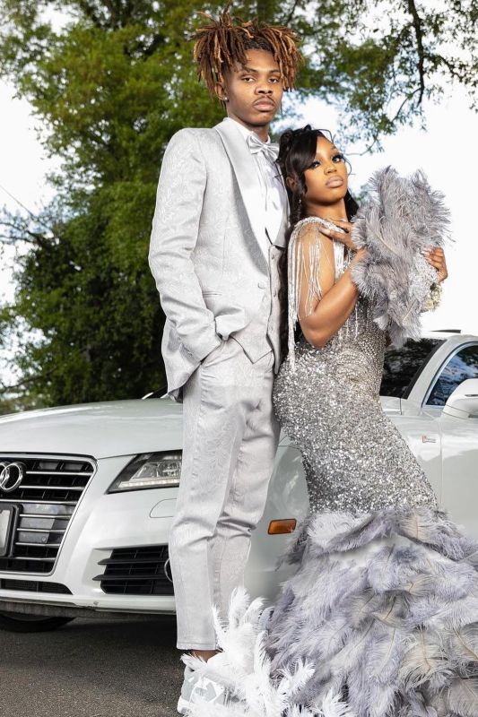 Beau Gray Three Pieces Jacquard Prom Suits With Stain Lapel | Allaboutsuit