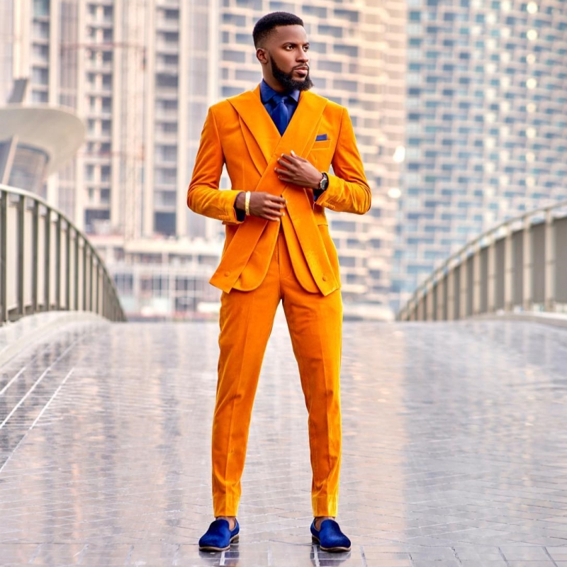 Charles Special Orange Shawl Lapel Velvet Prom Suits With Sash ...