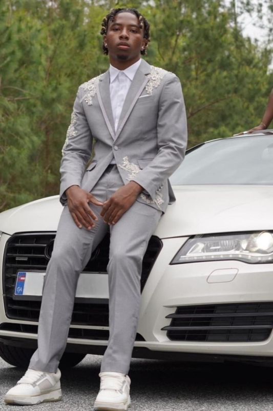 Corey Bespoke Gray Notched Lapel Prom Suits With Appliques | Allaboutsuit