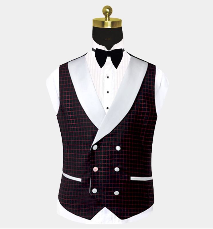 Burgundy Checkered Tuxedo | Three Pieces Prom Men Suits with White ...